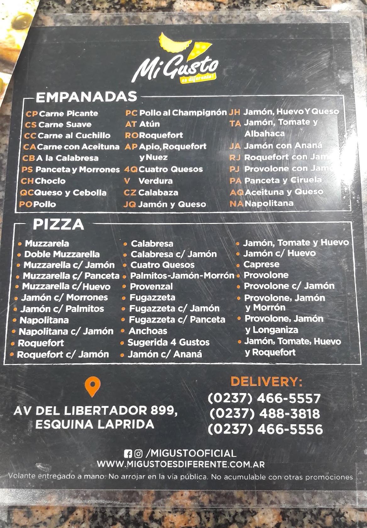 Menu at Mi Gusto restaurant, Moreno