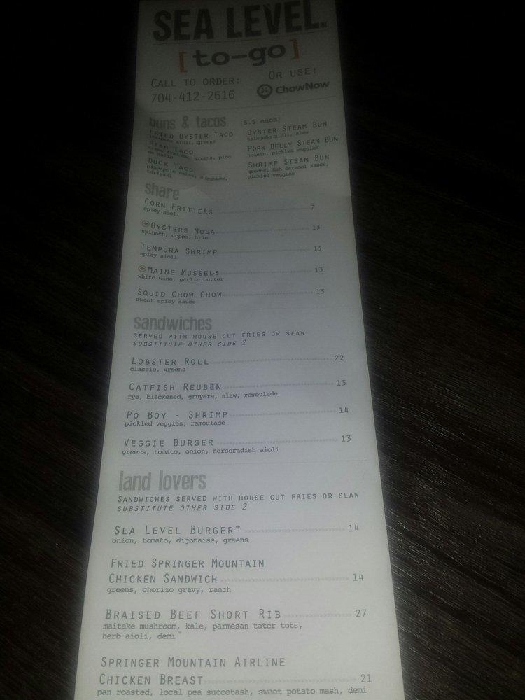 Menu at Sea Level NC pub & bar, Charlotte