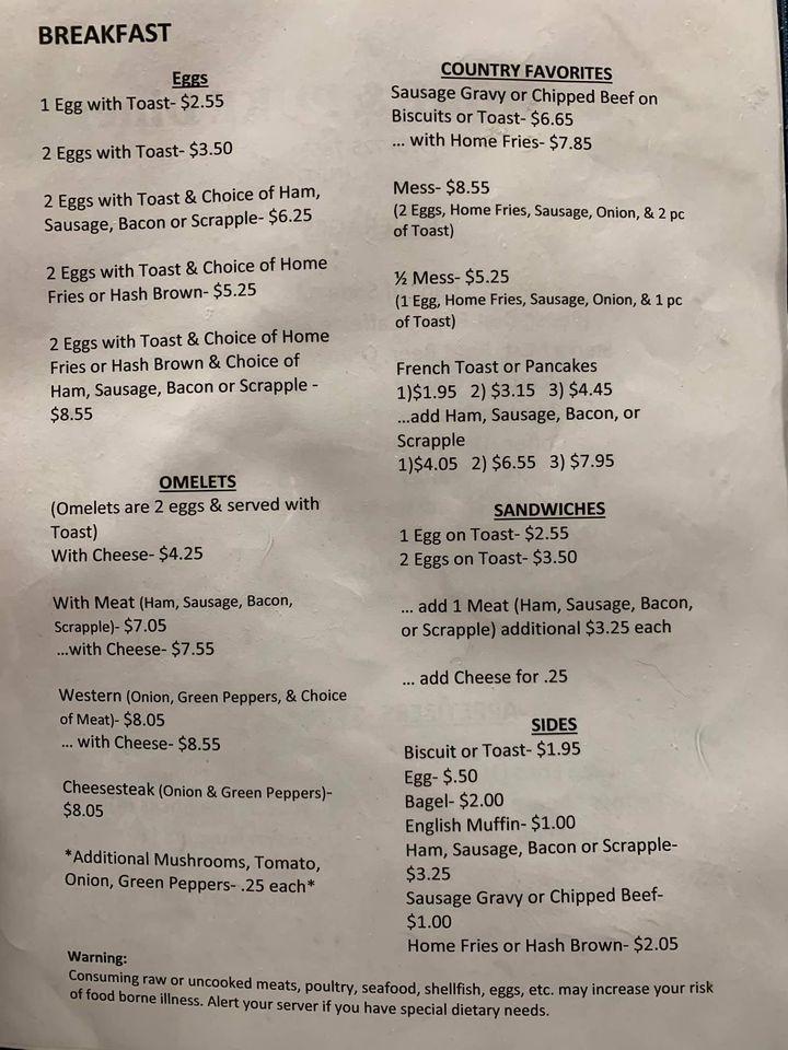 Menu at The Choke and Puke Diner restaurant, Loganton