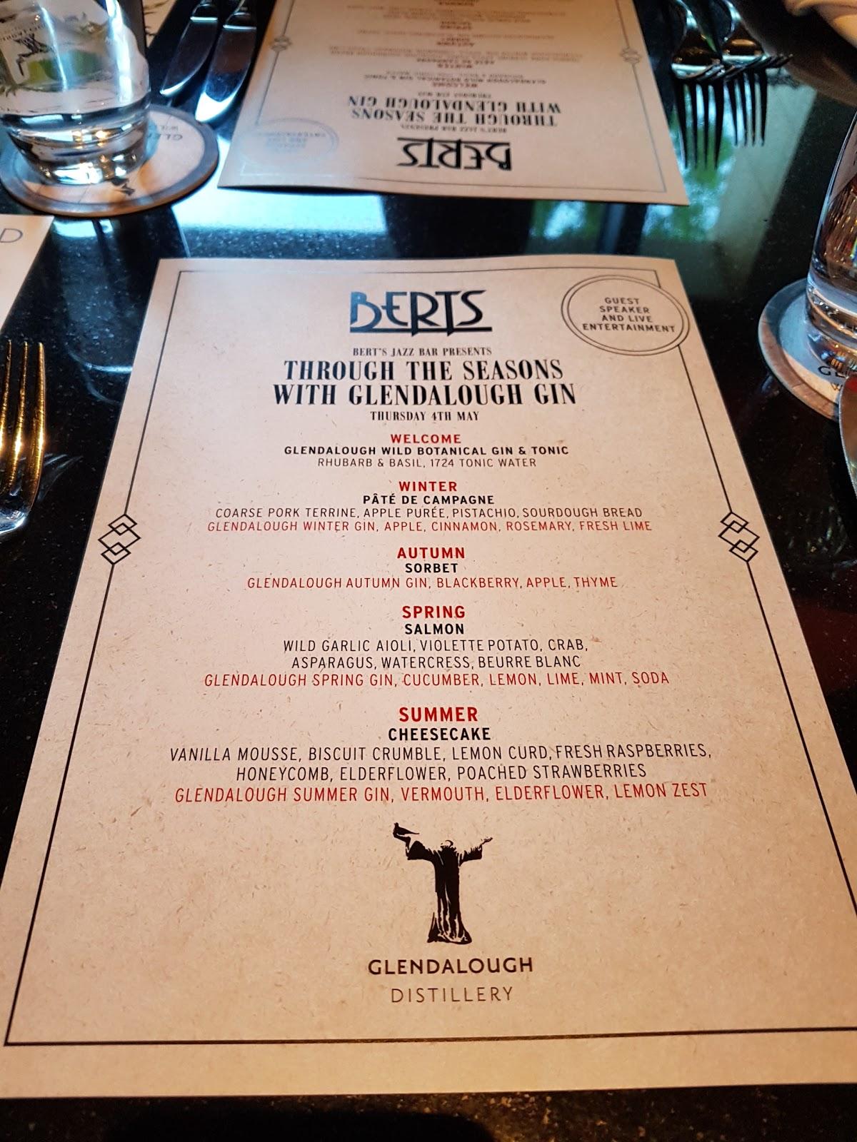 Menu at Bert's Jazz Bar, Belfast