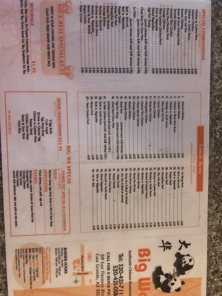 Menu at Big Wa Chinese Restaurant, Casa Grande
