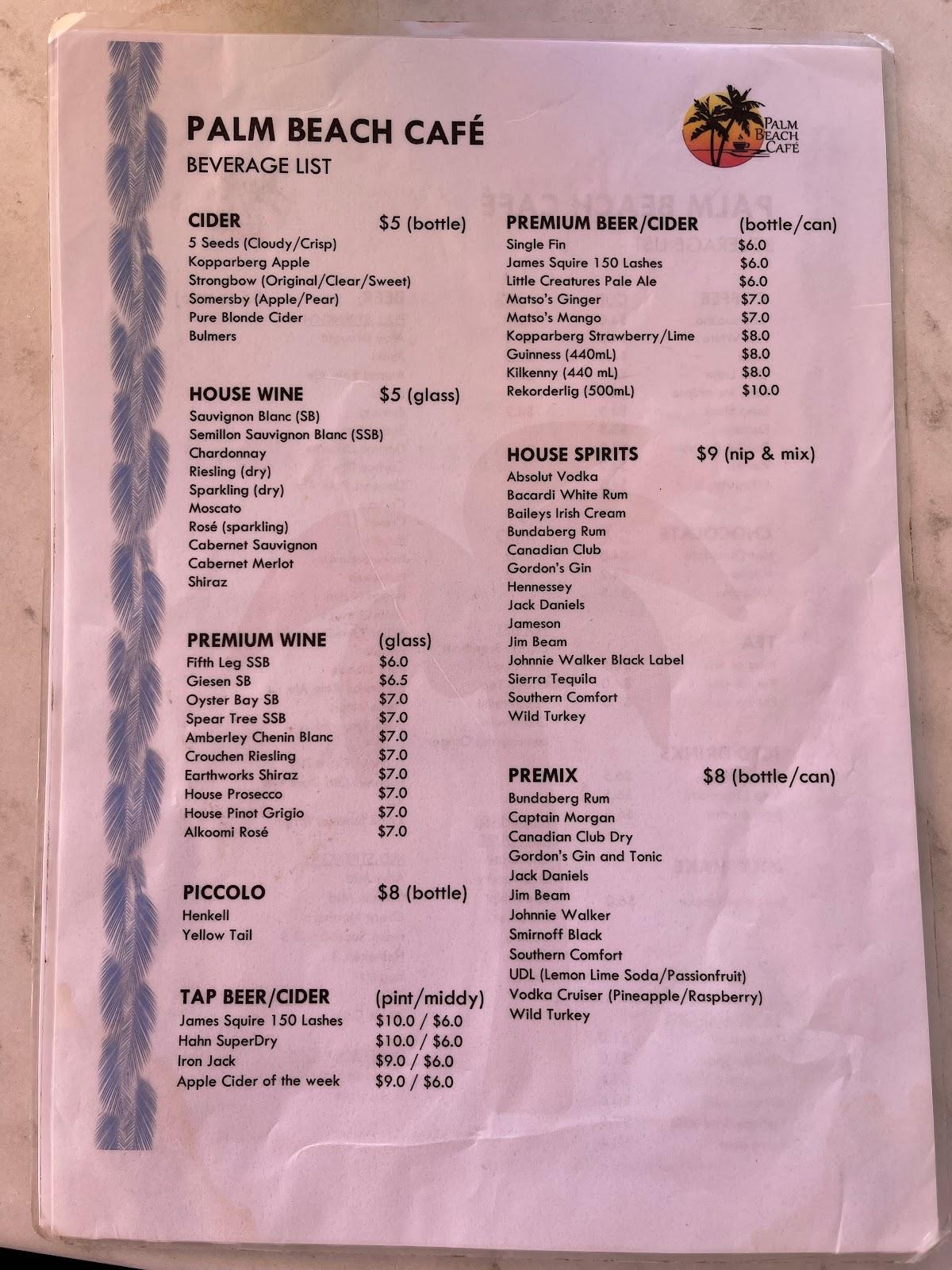 Menu at Palm Beach Café restaurant, Rockingham