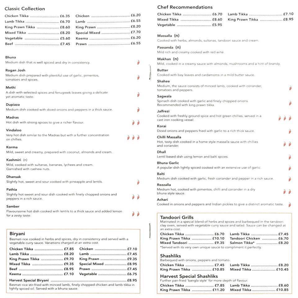 Menu at The Indian Harvest restaurant, Rawtenstall, 612 Burnley Rd