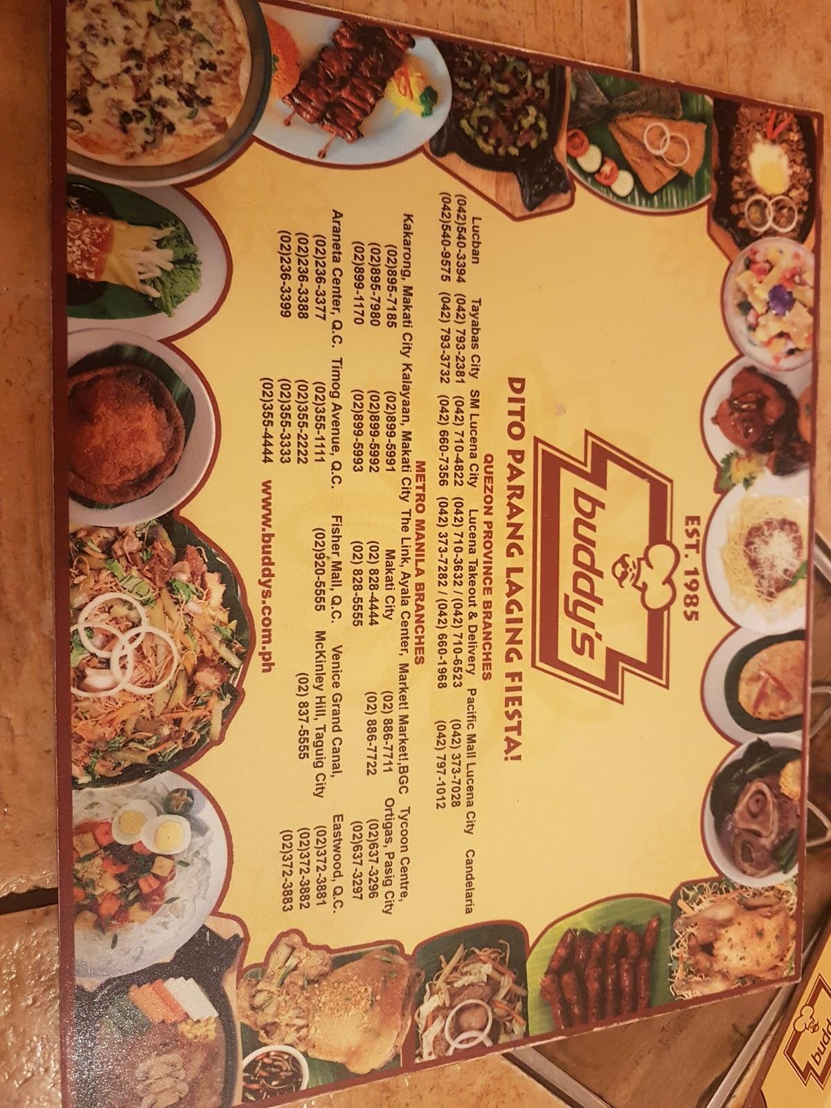 Menu at Buddy's restaurant, Pasig, Ground Floor