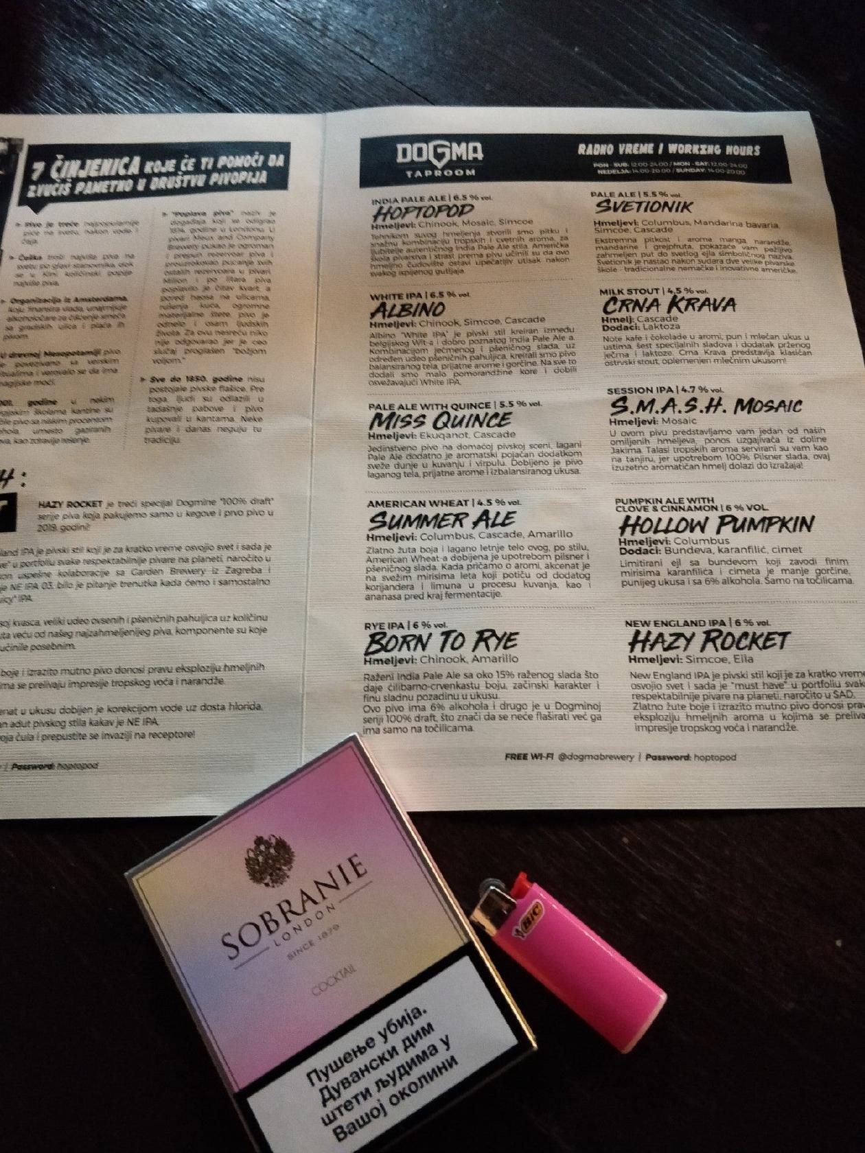 Menu at Dogma Brewery & Tap Room pub & bar, Belgrade