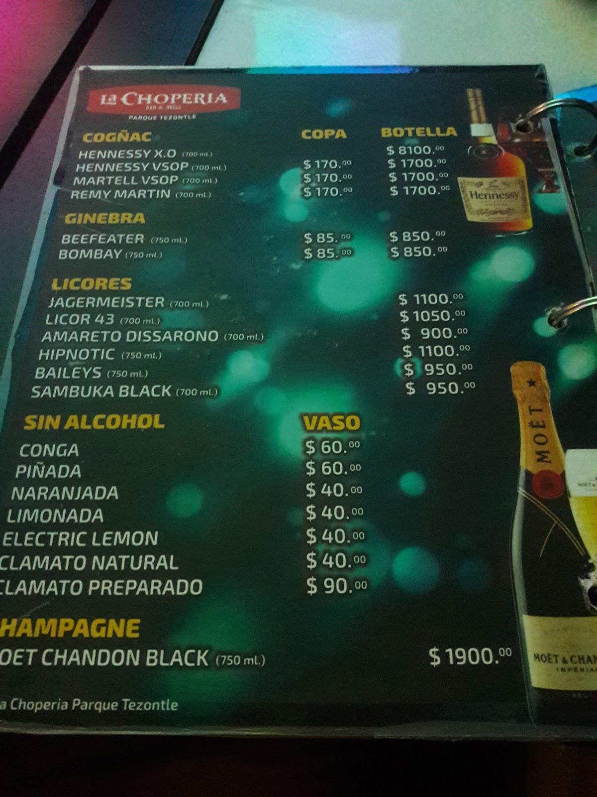 Carta del pub y bar La Choperia, Ciudad del México, Encomenderos n 70