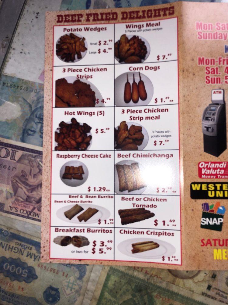 Menu at Oasis Taqueria restaurant, Manteca