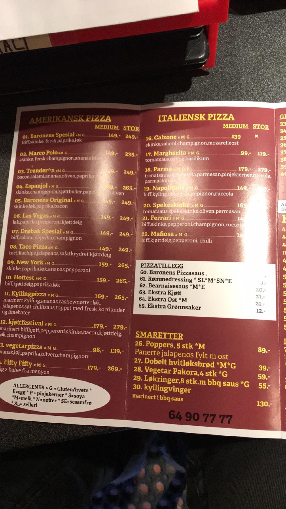 Menu at Pizza Baron Drøbak, Drøbak, Seiersten Sentrum 1