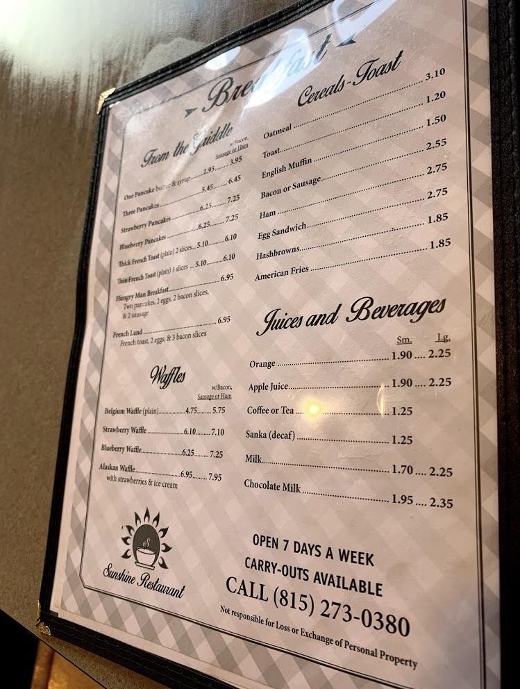 Menu at Sunshine Restaurant, Savanna
