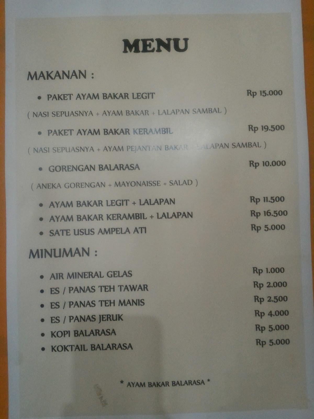 Menu at Ayam Bakar Balarasa restaurant, Semarang