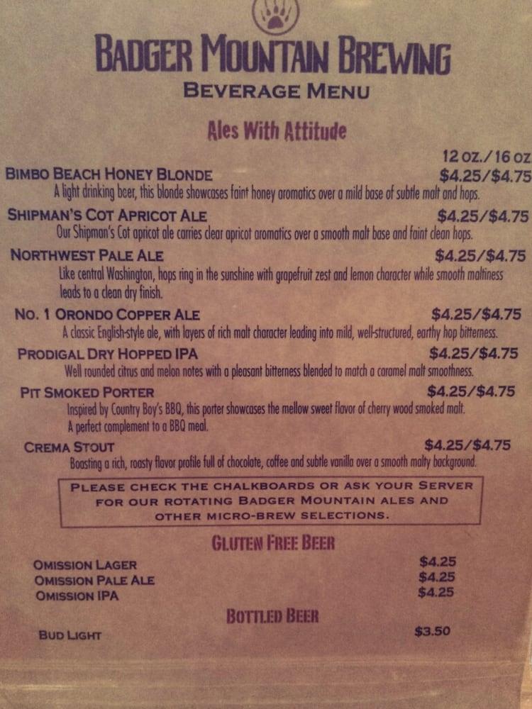 Menu at Badger Mountain Brewing pub & bar, Wenatchee