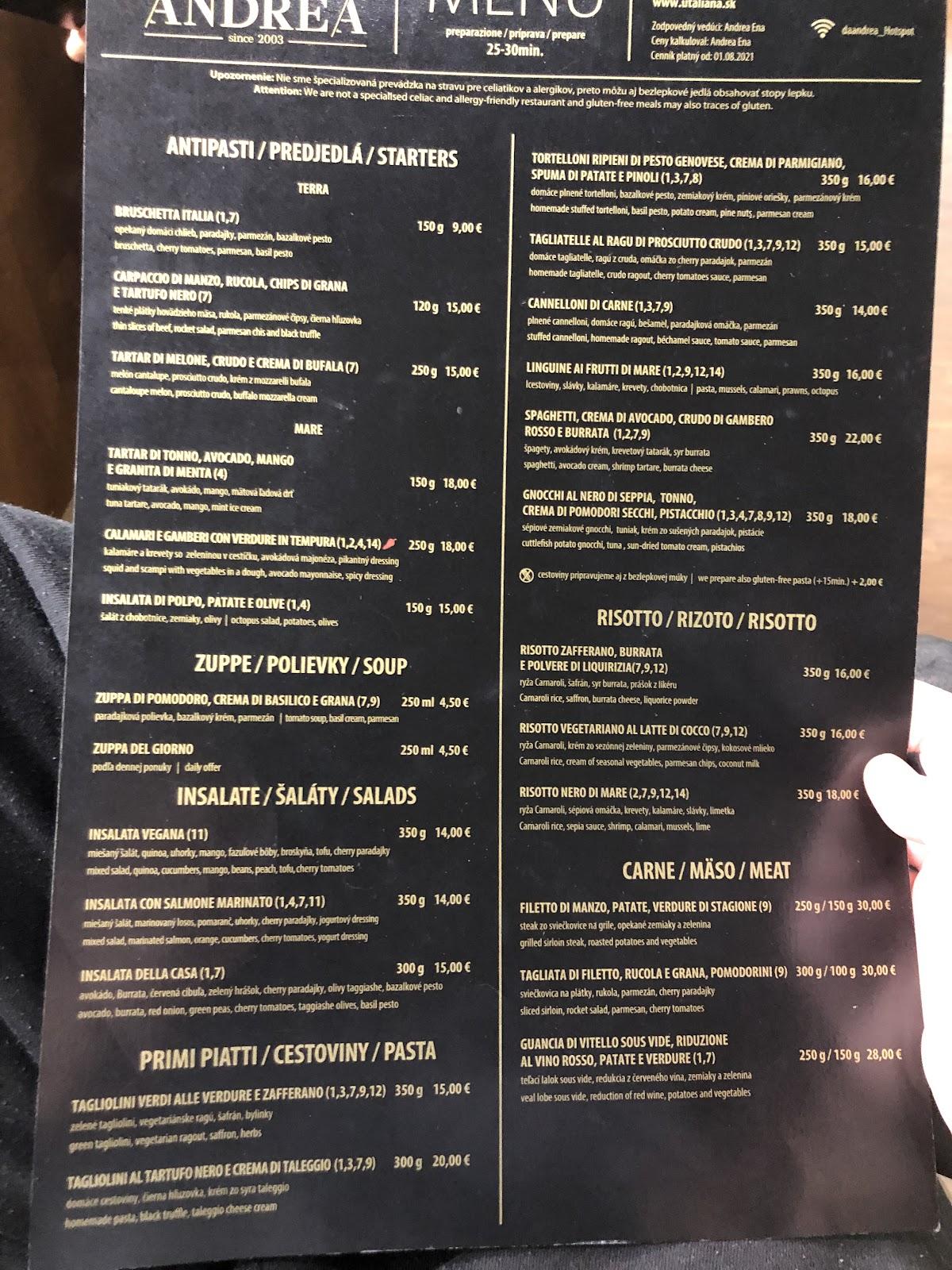 Menu at Da Andrea restaurant, Bratislava