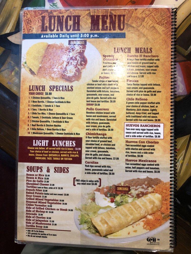 Menu at El Ranchero restaurant, Spencer