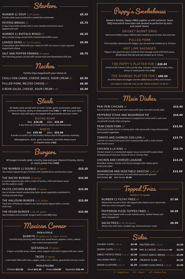 Menu at Number 11 restaurant and bar, Whitehaven