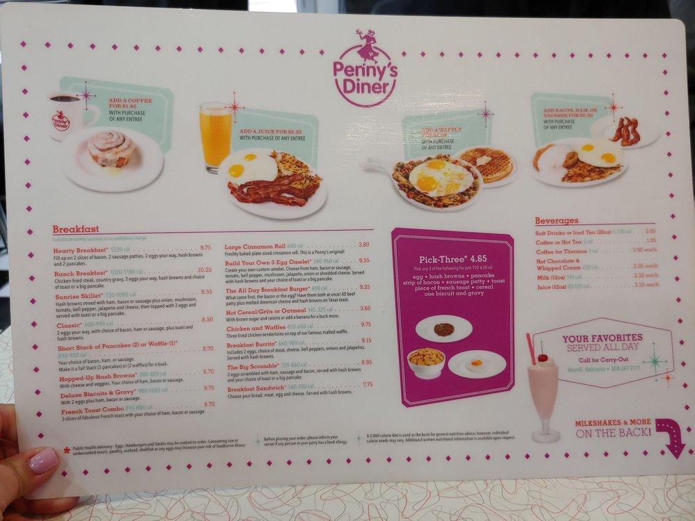 Menu at Penny's Diner restaurant, Morrill