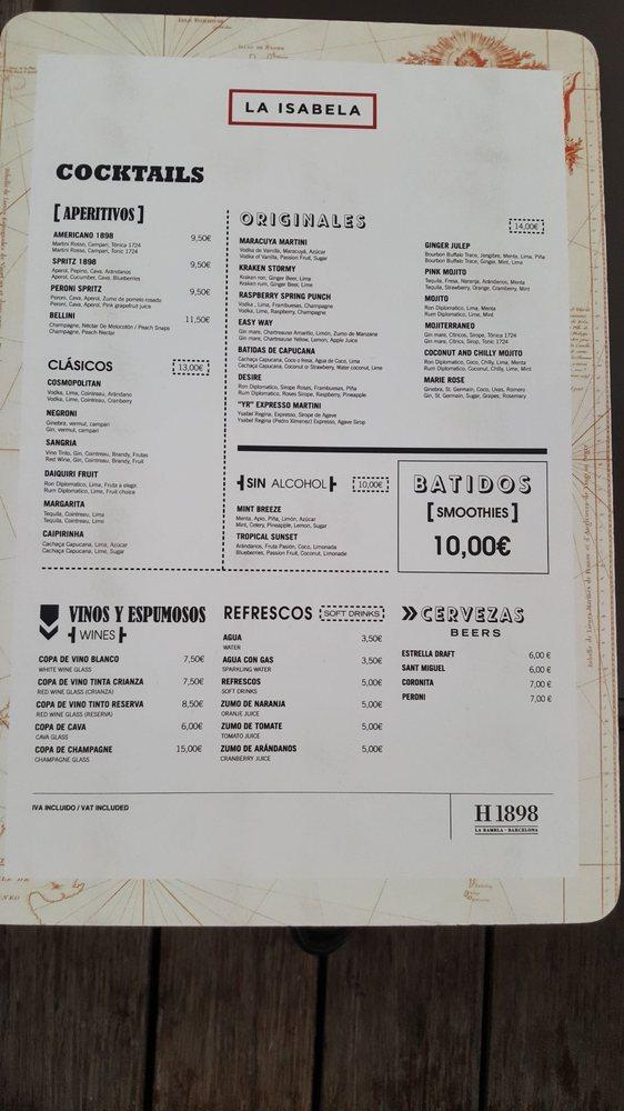Menu at La Isabela Restaurant, Barcelona