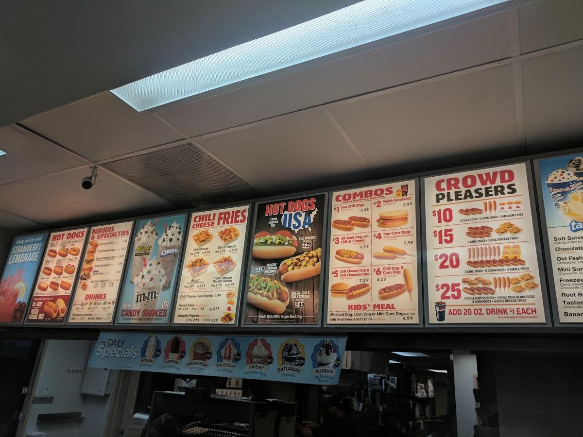 Menu at Wienerschnitzel fast food, Amarillo, 2801 S Western St