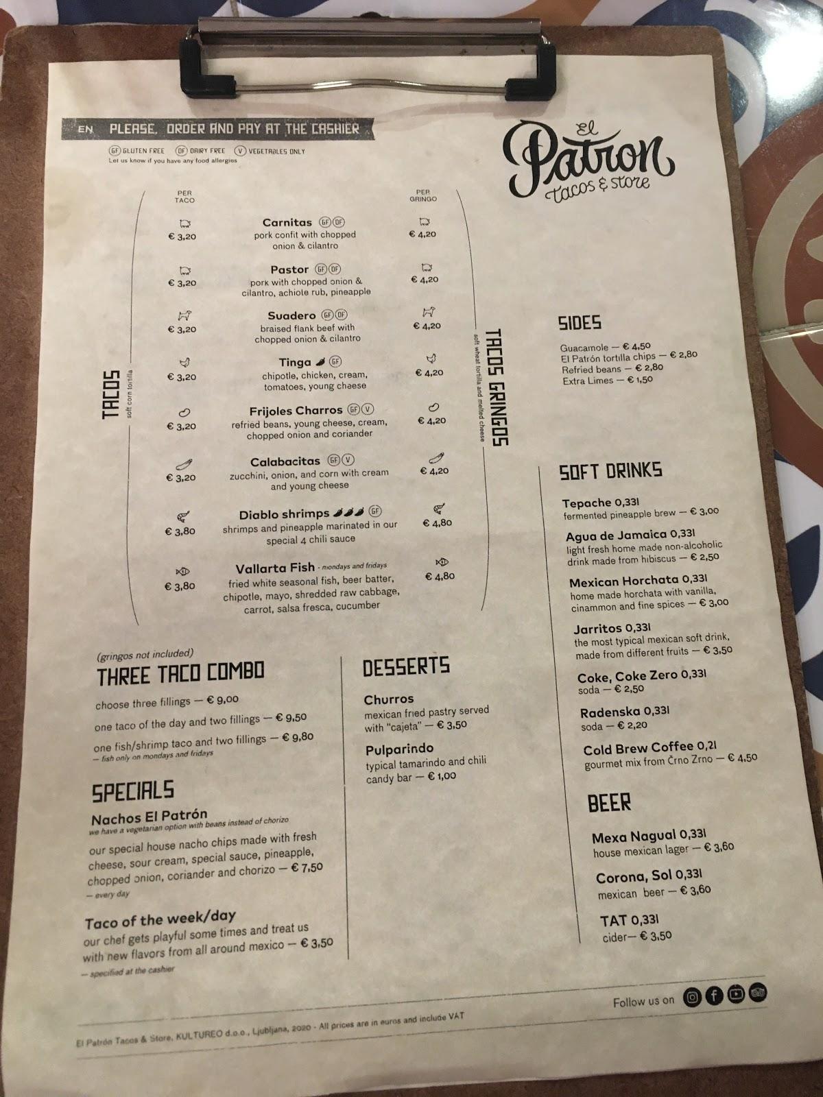 Menu da Patrón: Tacos & Bar, Lubiana, Gornji trg 23