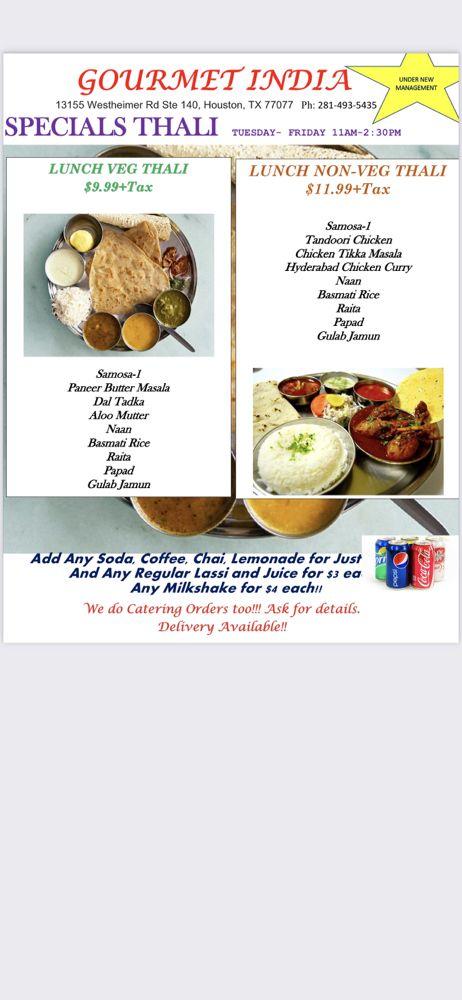 Menu at Gourmet India restaurant, Houston