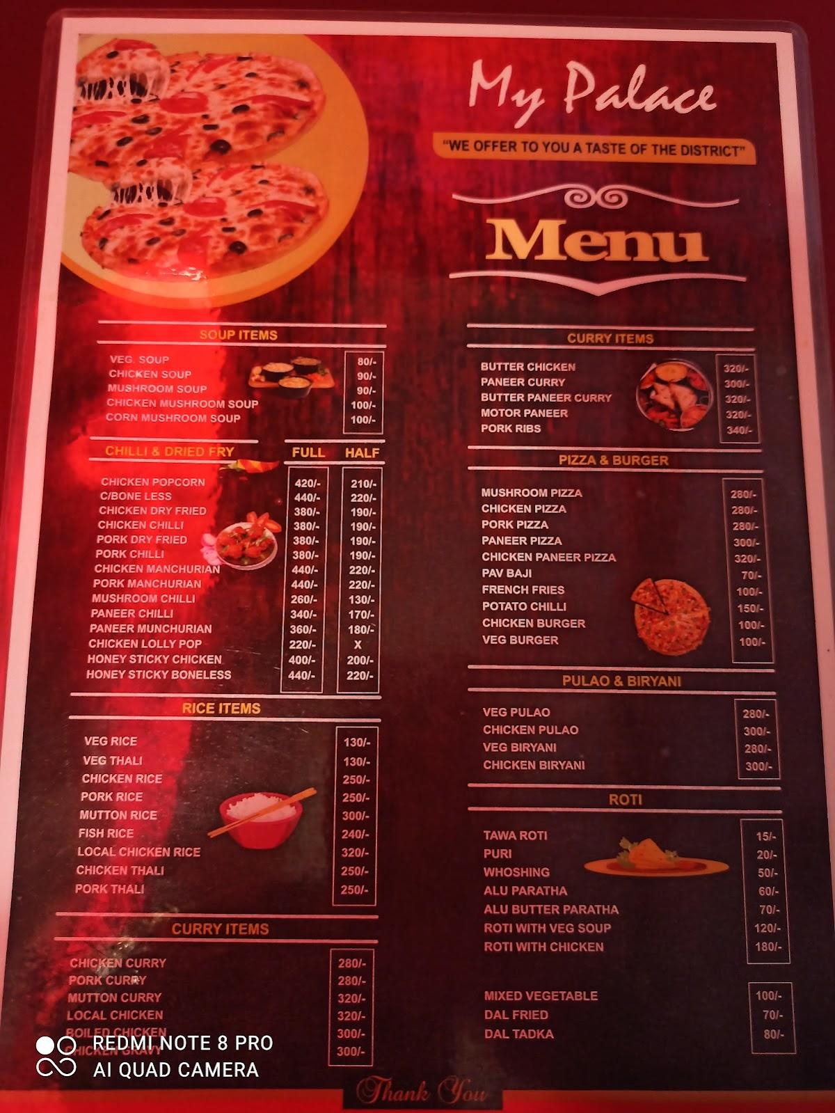 Menu at My palace, India
