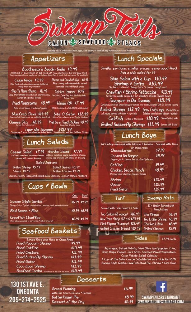Menu at Swamp Tails steakhouse, Oneonta