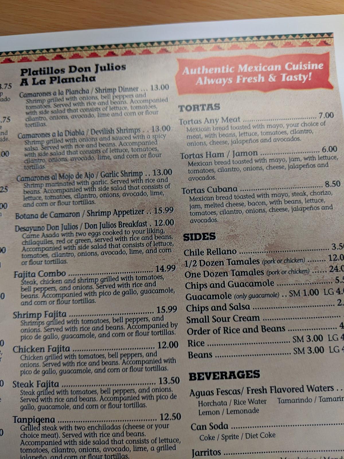 Menu at Taqueria Don Julios restaurant, Ruskin