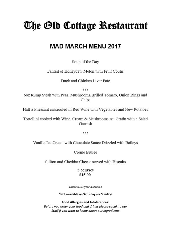 Menu at The Old Cottage restaurant, Ringwood