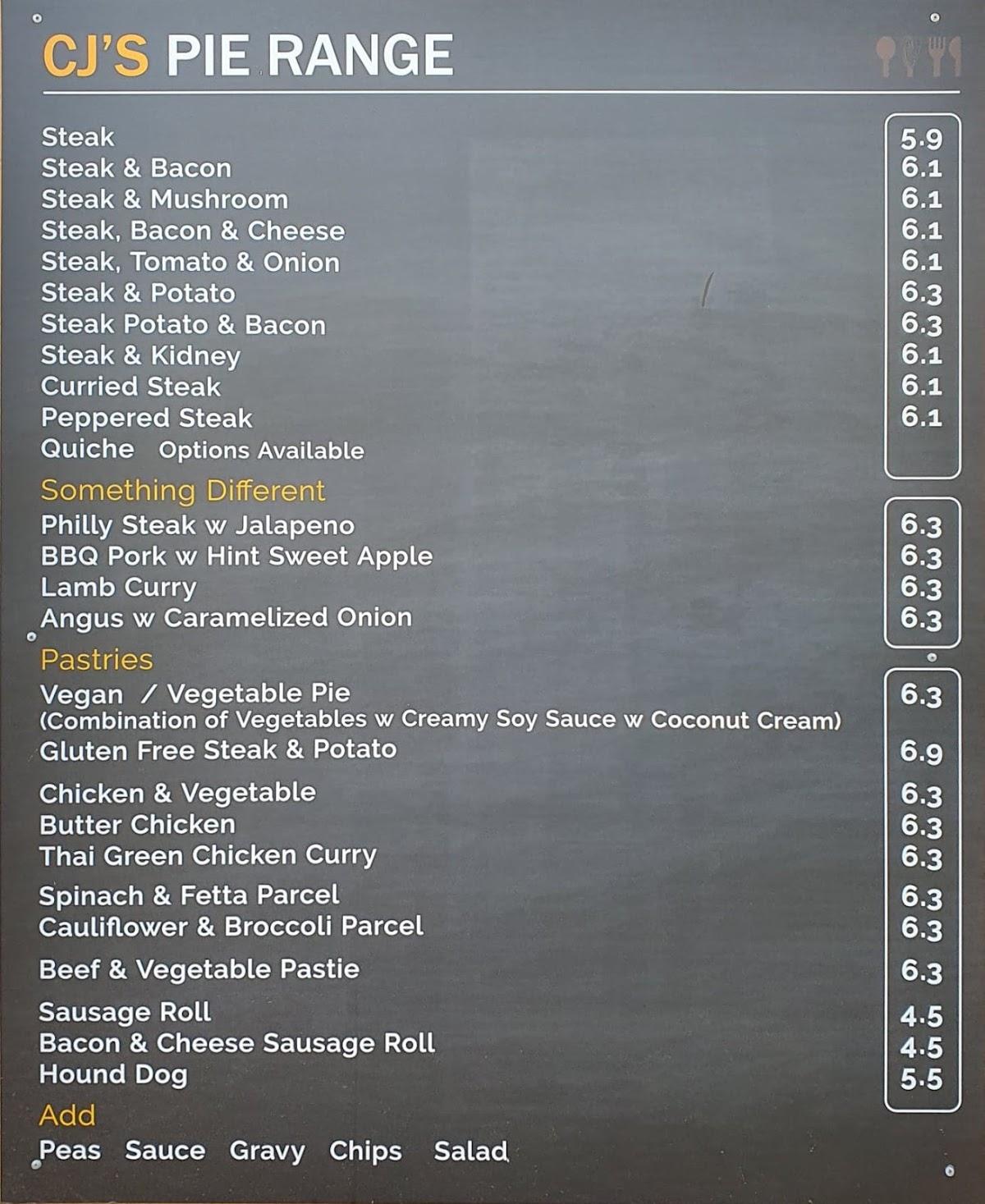 Menu at CJ's Pastries cafe, Rothwell