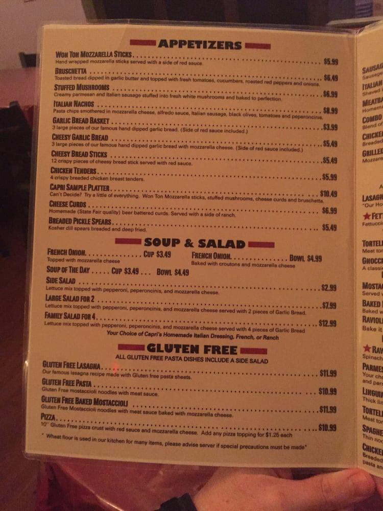 Menu at Capri di Nuovo pizzeria, West Allis