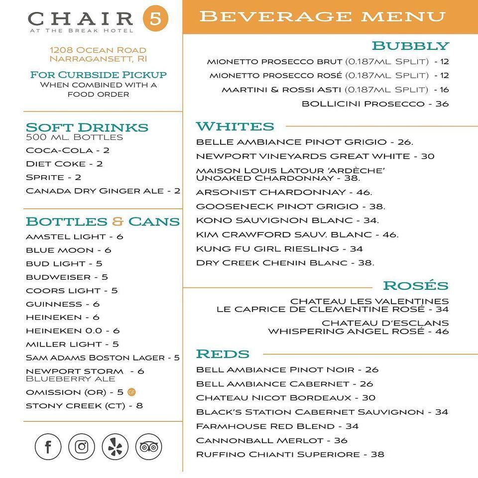 Menu at Chair 5 pub & bar, Narragansett
