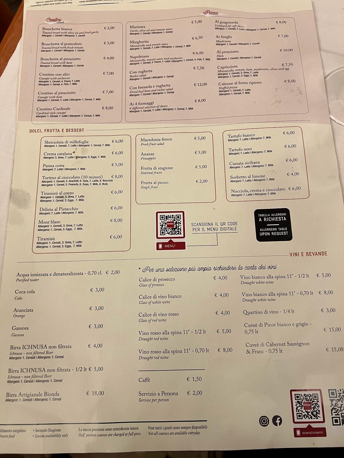Menu at Da Bucatino restaurant, Rome