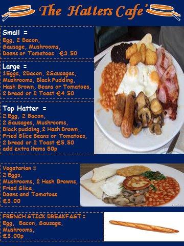 Menu at Hatters Cafe, Hitchin