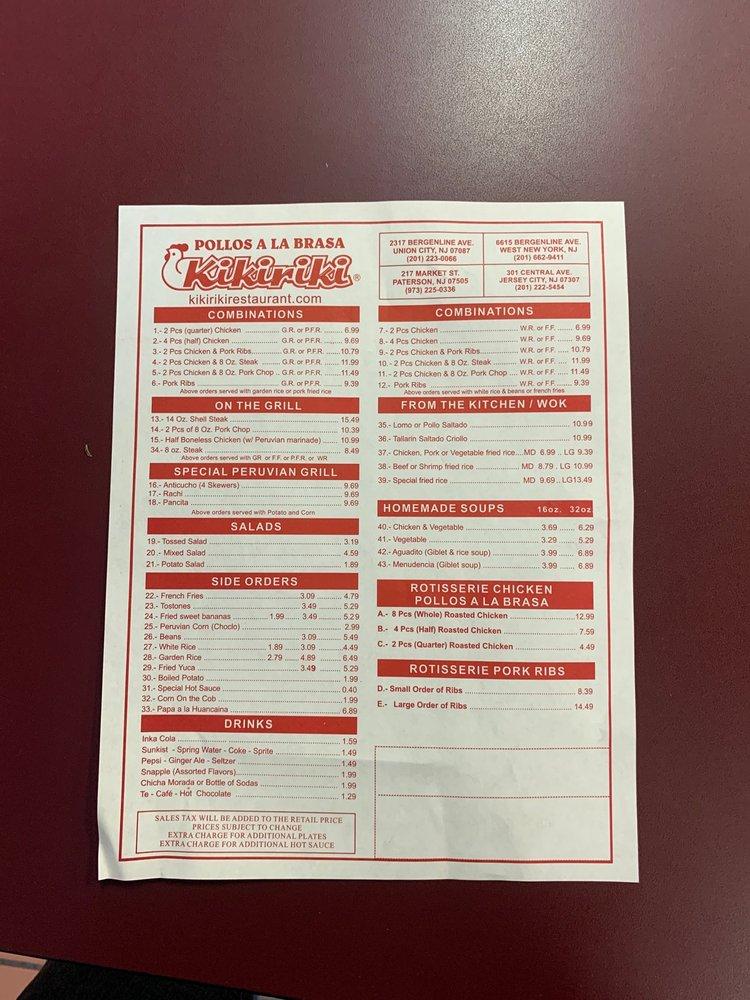 Menu at Kikiriki restaurant, Paterson