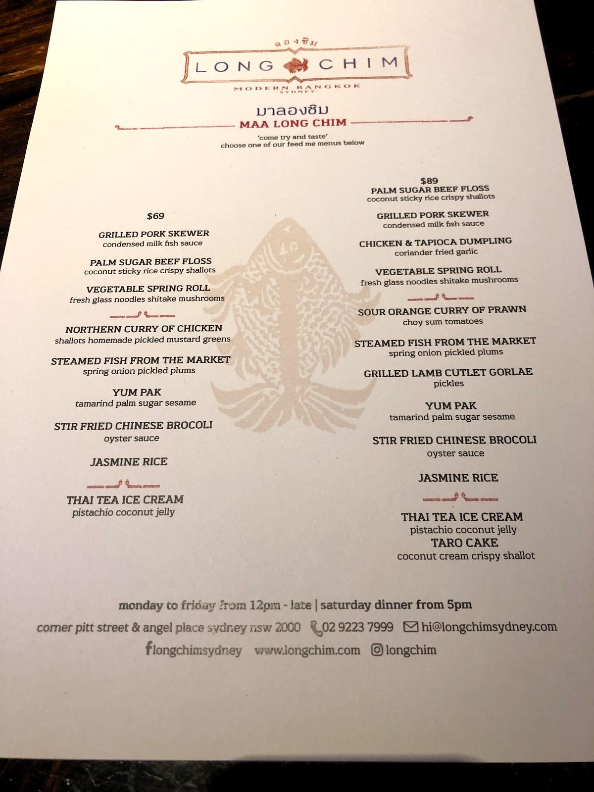 Menu at Long Chim Sydney restaurant, Sydney