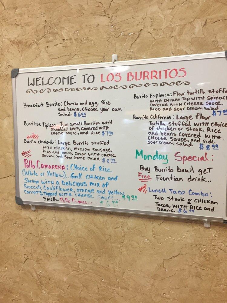 Menu at Los Burritos restaurant, Chesapeake