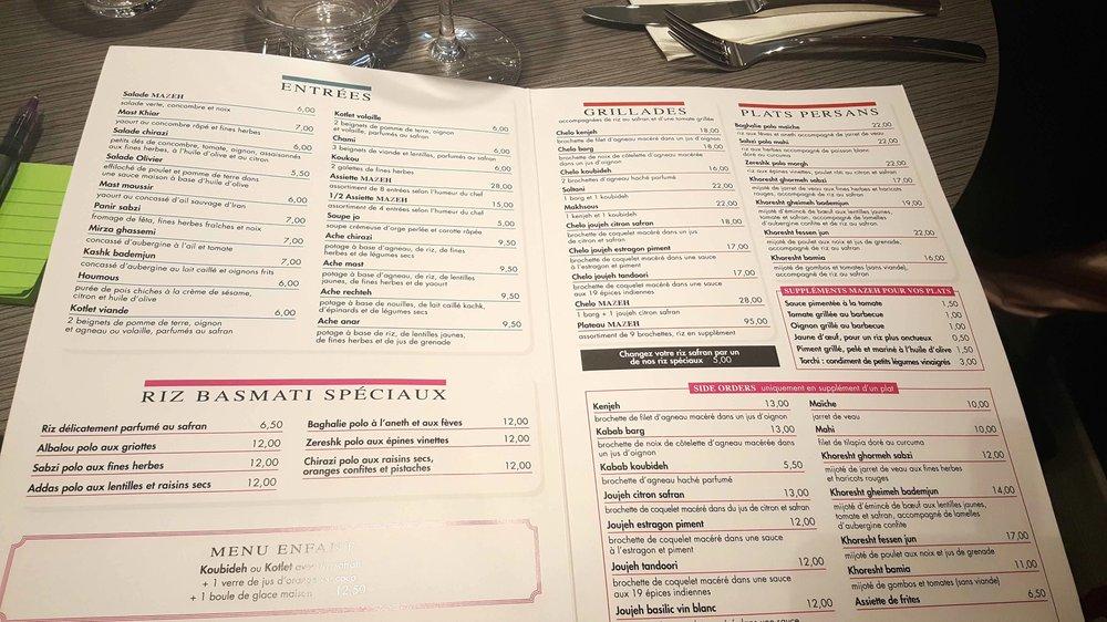 Menu at Mazeh restaurant, Paris