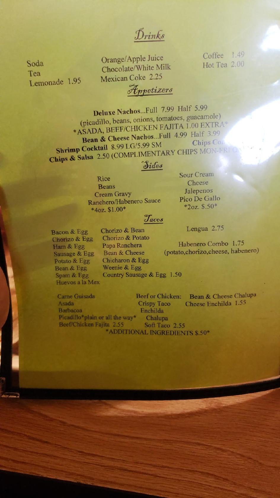 Menu at Pirates Cove Cafe, Lytle