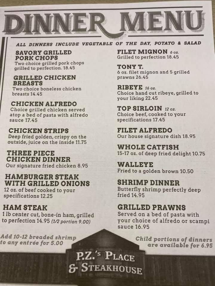 Menu at Pz's Place & Steakhouse, Galesburg