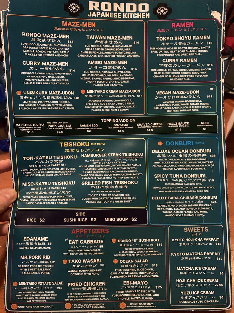 Menu at Rondo Japanese Kitchen restaurant, Seattle
