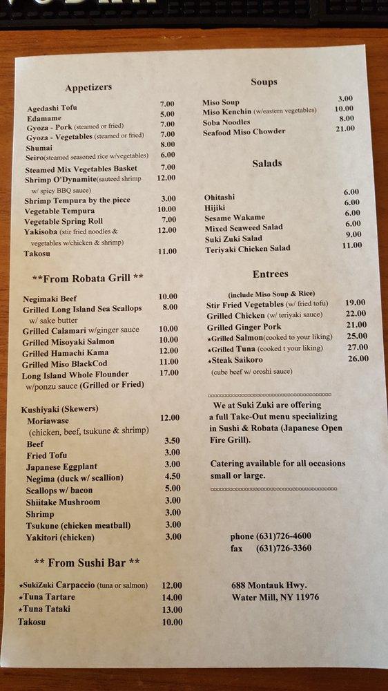 Menu at Suki Zuki restaurant, Water Mill