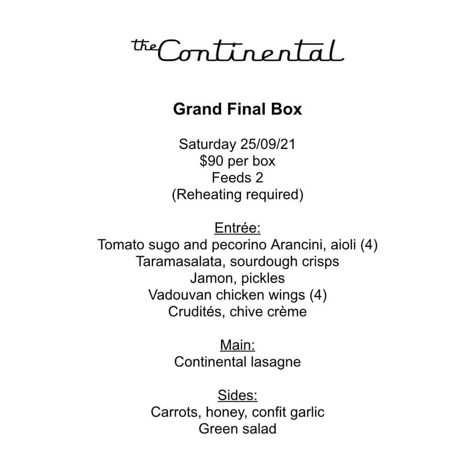 Menu at The Continental restaurant, Geelong
