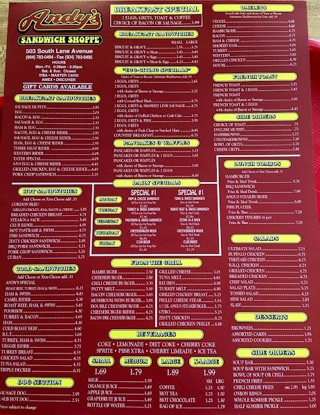 Menu at Andy's Sandwich Shoppe fast food, Jacksonville, 503 Lane Ave S