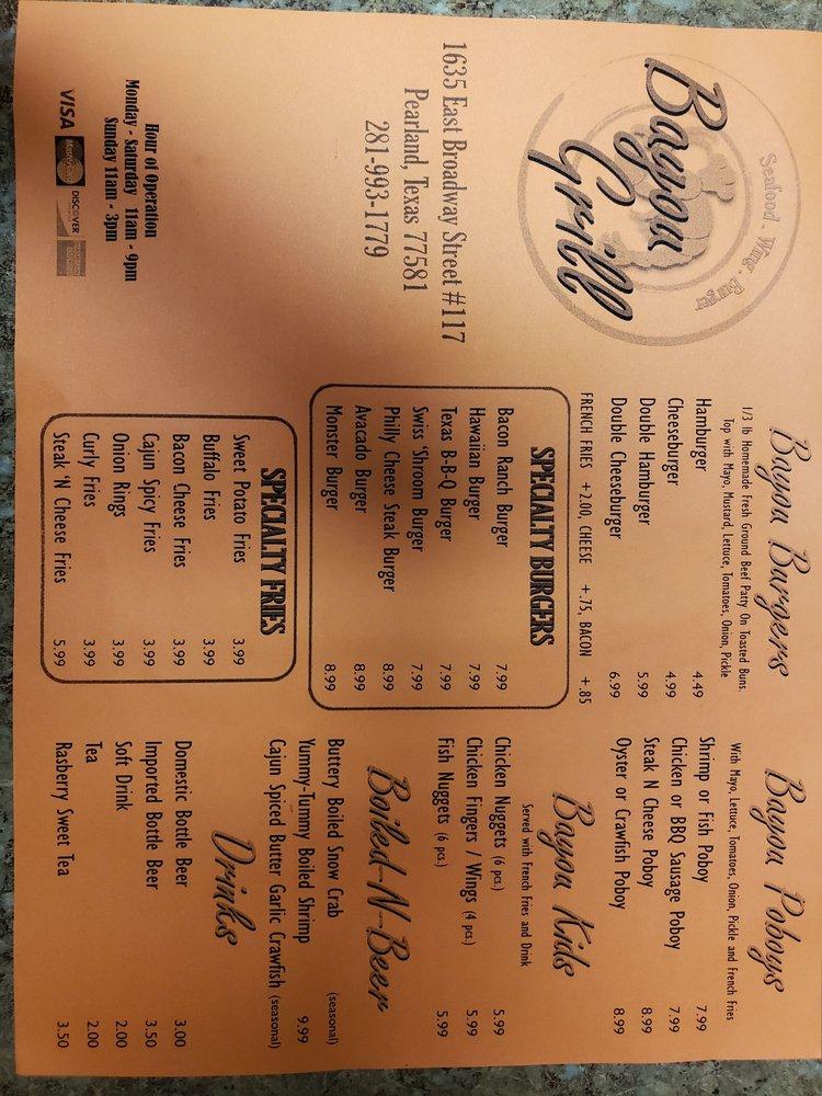 Menu at Bayou Grill restaurant, Pearland