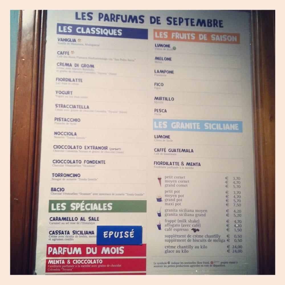 Menu at Grom Gelato restaurant, Paris, 81 Rue de Seine