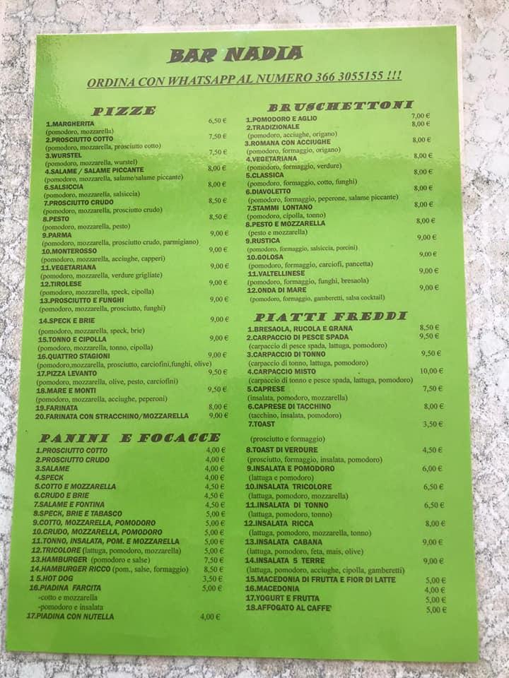 Menu da Bar Nadia, Levanto