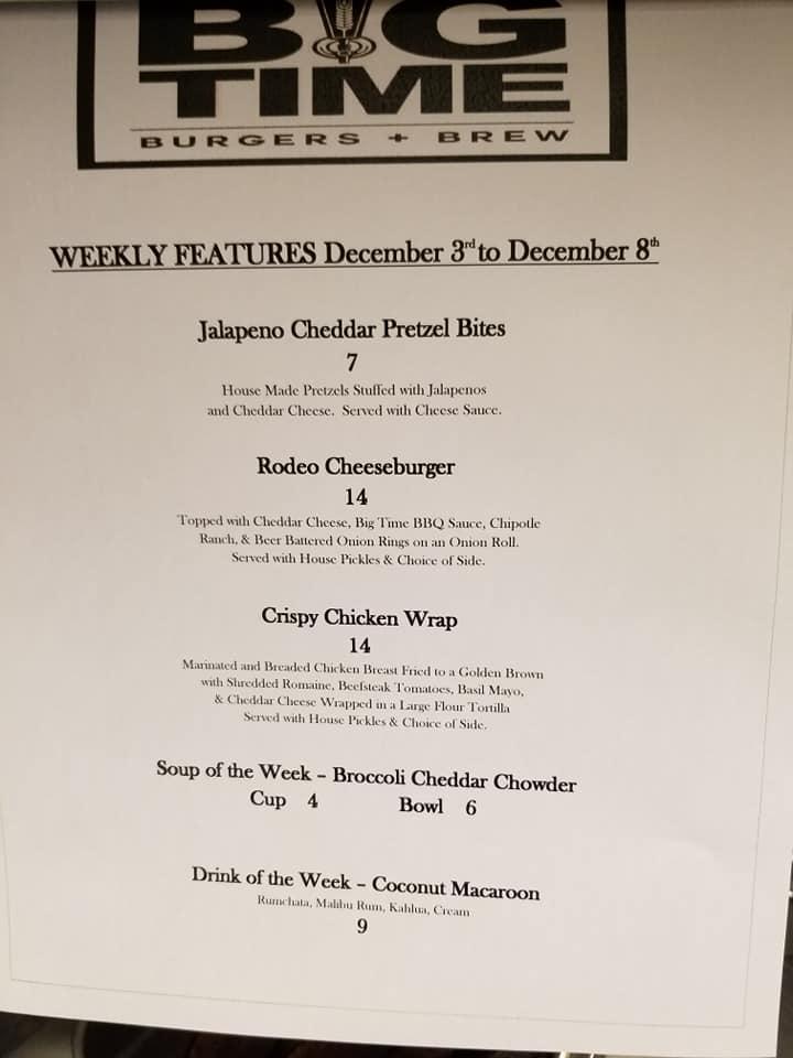 Menu at Big Time Burgers + Brew desserts, Portage