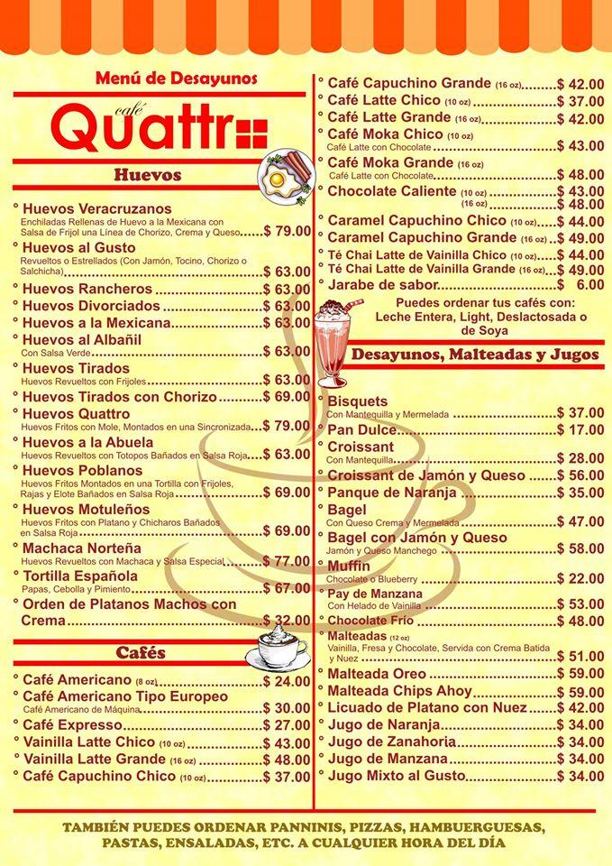 Menu at Cafe Quattro, Mexico City
