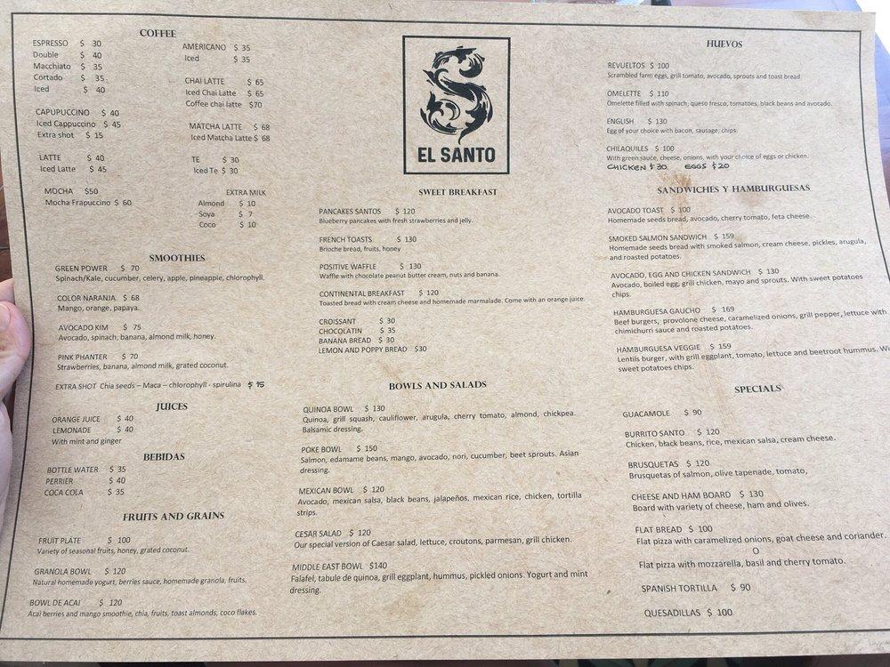 Carta del restaurante El Santo Tulum, Tulum