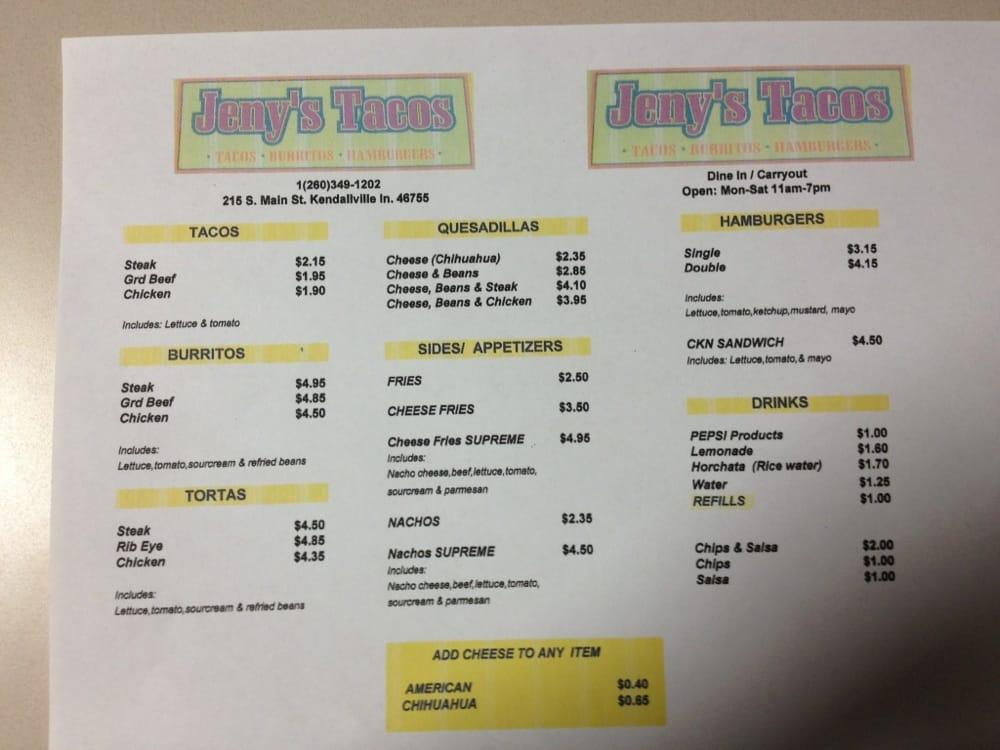 Menu at Jeny's Tacos restaurant, Kendallville
