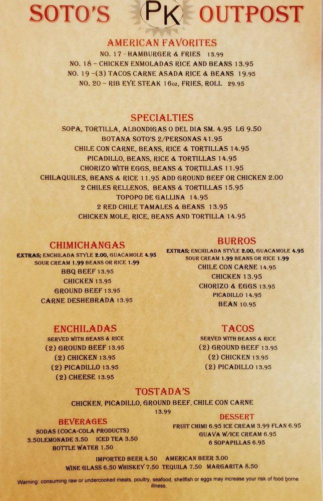 Menu at Soto's Outpost Mexican Restaurant, Tubac